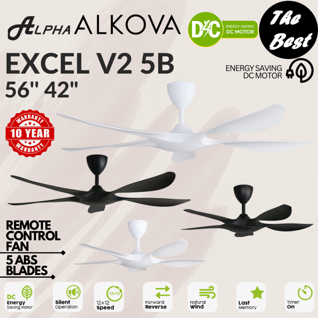 Alpha Fan | Excel V2 56 42 Inch DC Motor 5 Blade 12 R+F Speed Remote ...