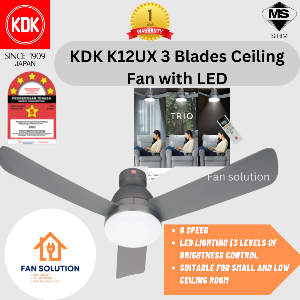 KDK K12UX 3 BLADES CEILING FAN WITH REMOTE CONTROL AND 3 COLOUR LED ...