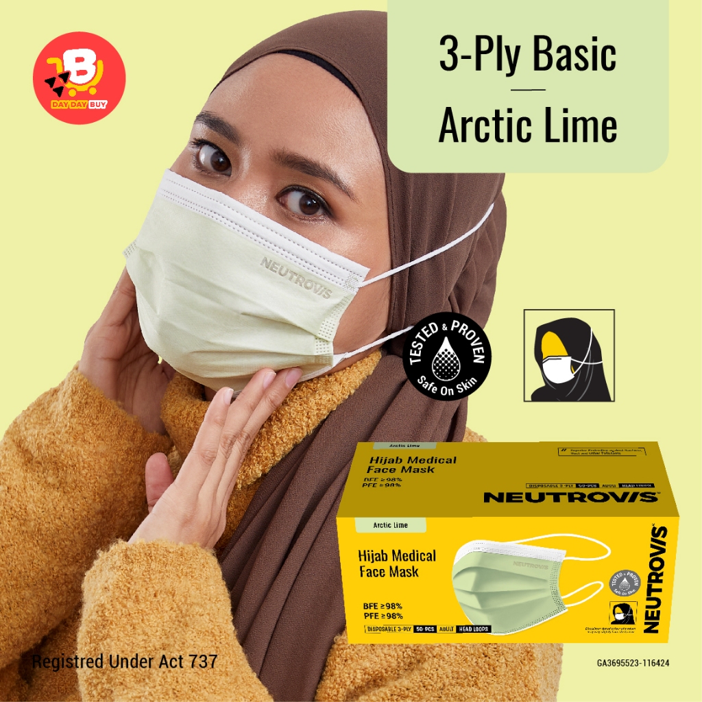Neutrovis 3-Ply Hijab Basic Medical Face Mask 50s - Arctic Lime (HEADLOOP) | Shopee Malaysia