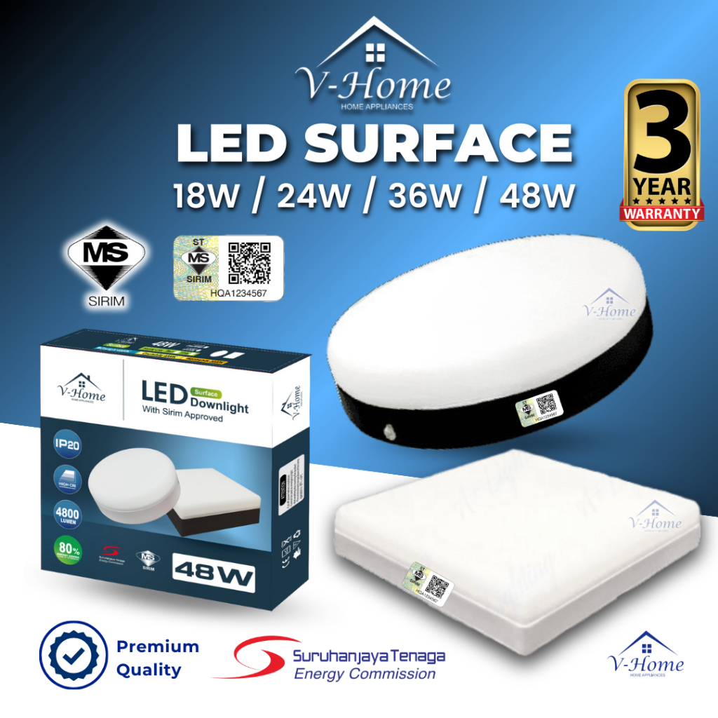 [SIRIM] VHome® LED Borderless Surface Downlight 18W 24W 36W 48W Round Square Lights Lampu Siling ...