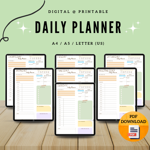 Digital / Printable Daily Planner A4 A5 Letter (US) Sunday - Saturday ...