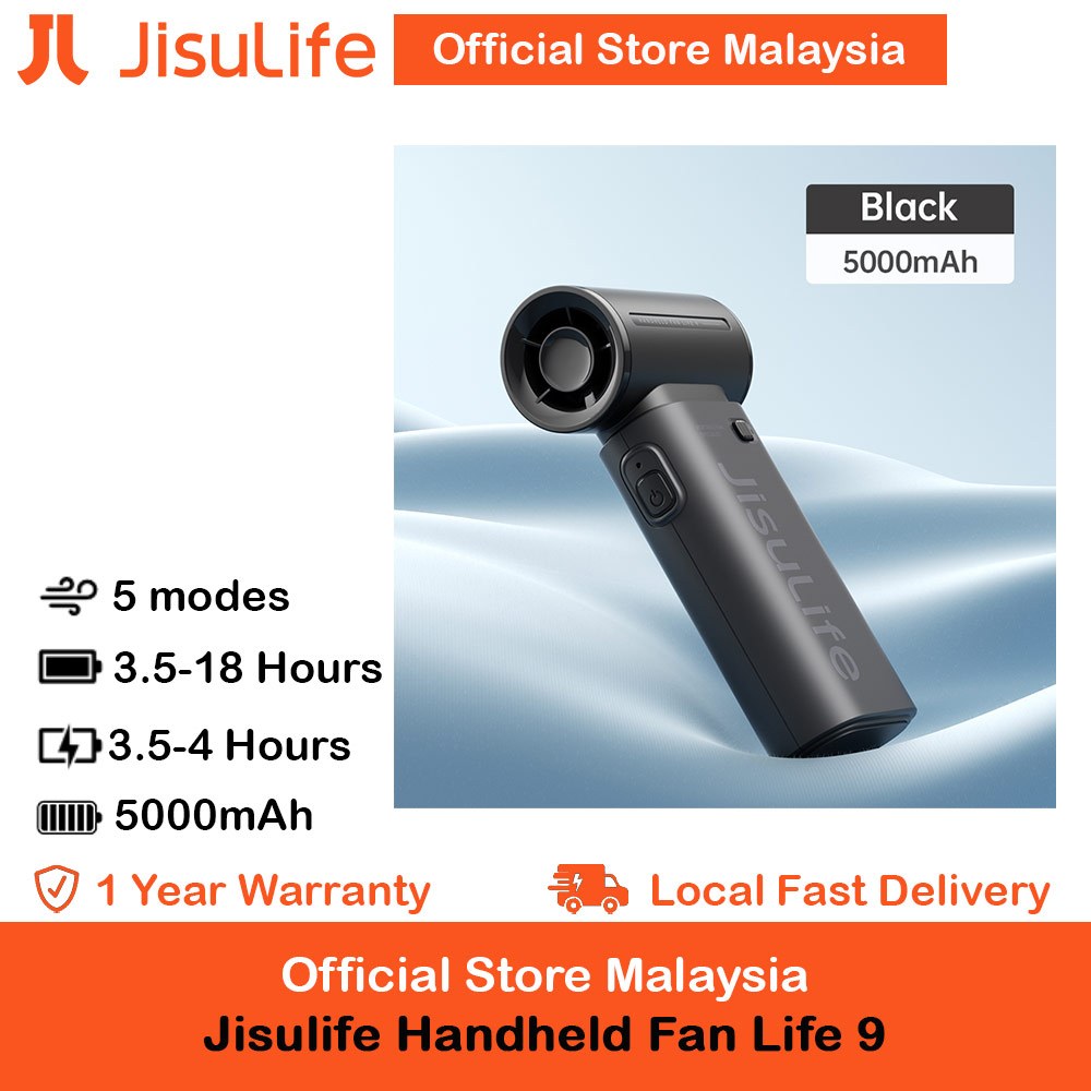 Jisulife Handheld Fan Life 9 5000mAh Air Turbo Strong 5 Speed Modes ...