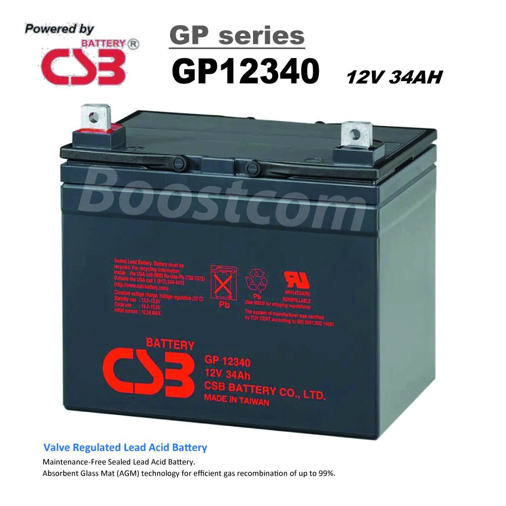 CSB GP12340 12V 34Ah Maintenance Free Rechargeable AGM Sealed Lead Acid ...