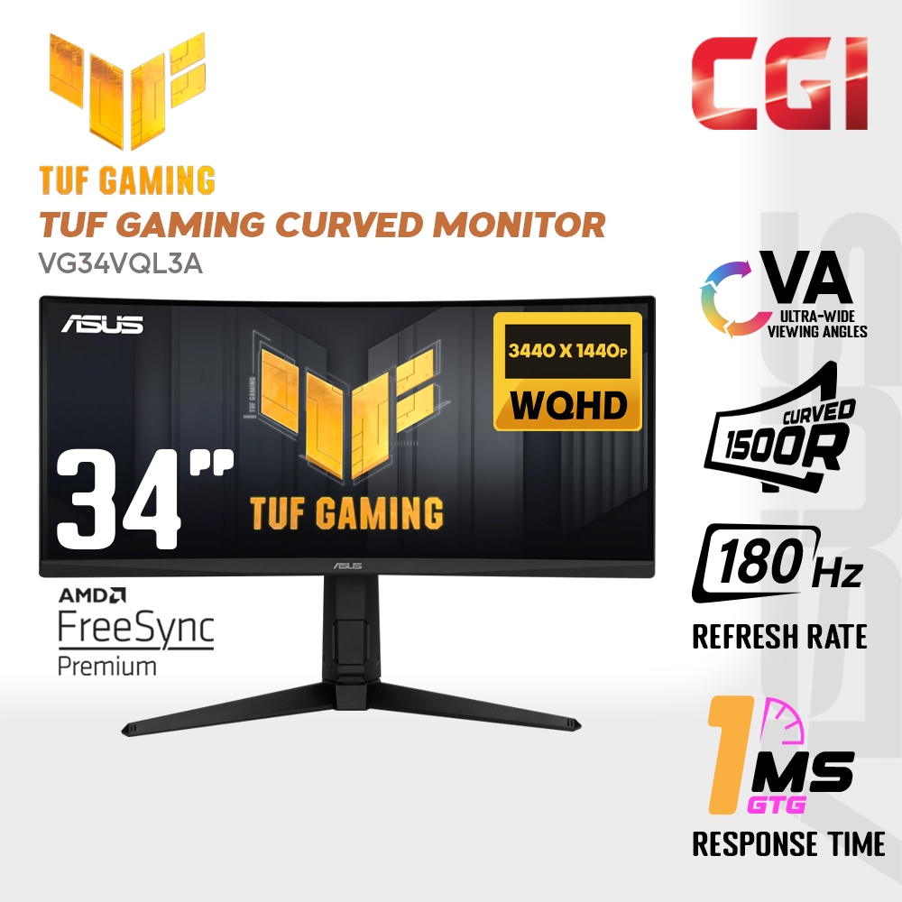 Asus 34" TUF Gaming VG34VQL3A 180HZ 1MSVA QHD HDR10 Curved Freesync ...