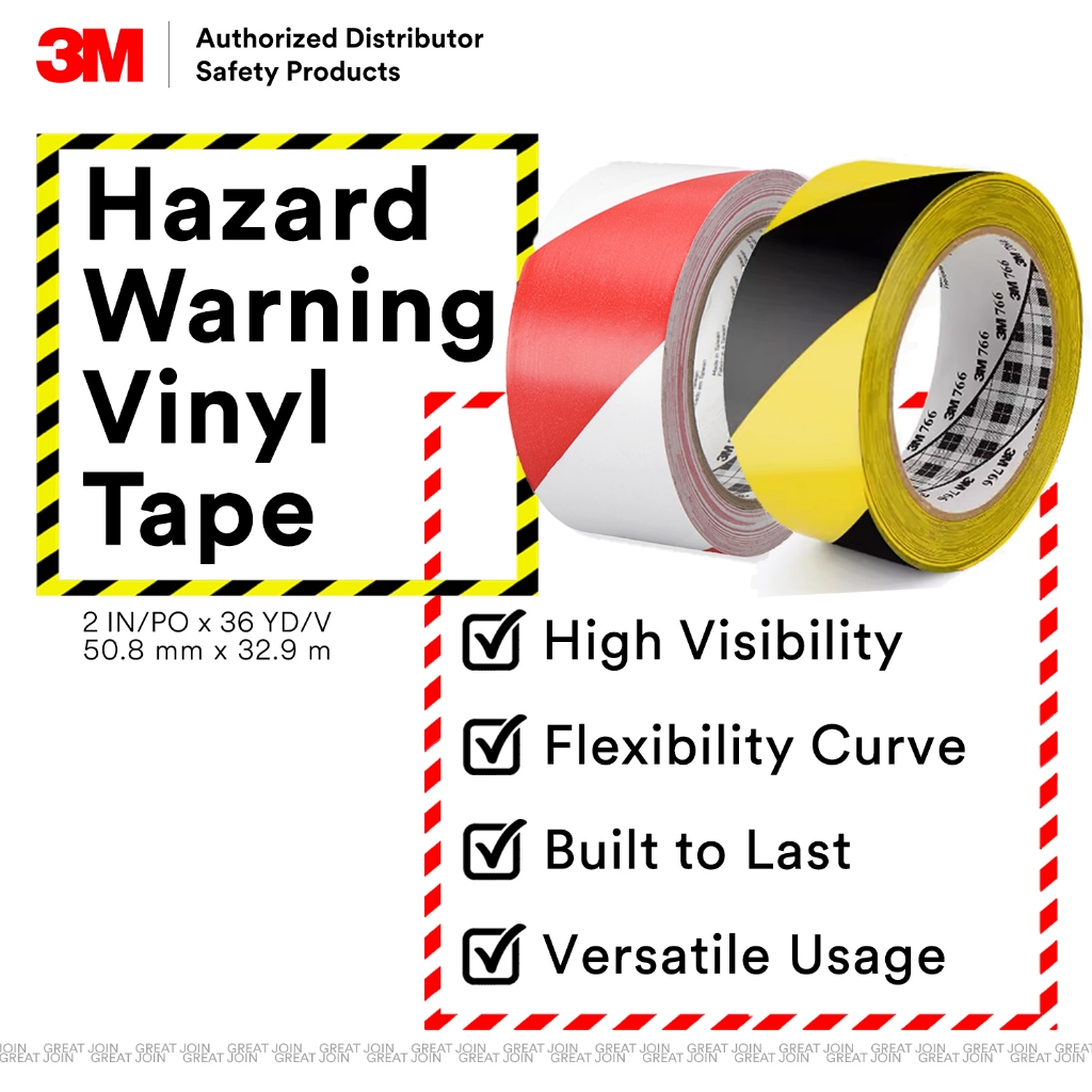 3M Vinyl Tape 766 Black & Yellow / 767 Red & White Stripe Hazard Warning Floor Tape [50.8 mm x ...