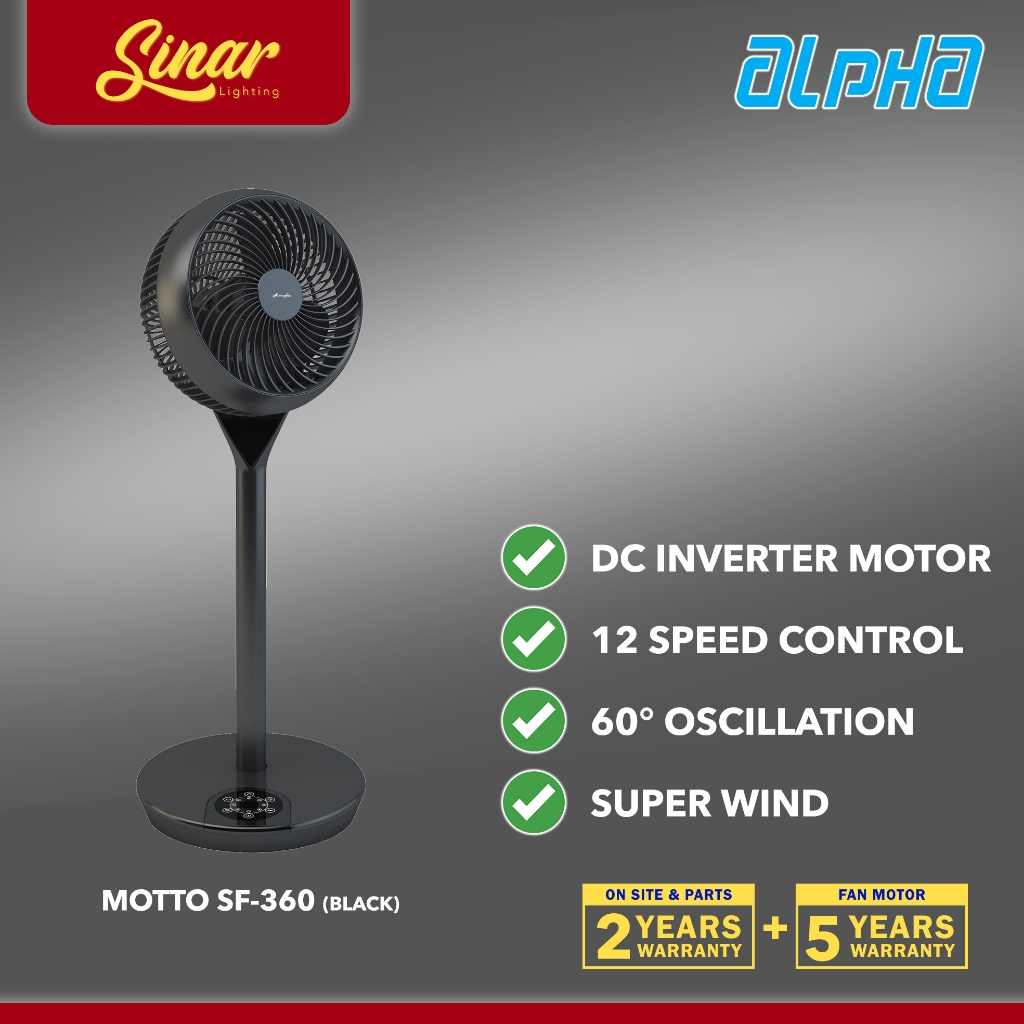 ALPHA ALPHAFAN MOTTO Series SF-360 9" Blade DC Motor 12 Speed Stand Fan ...