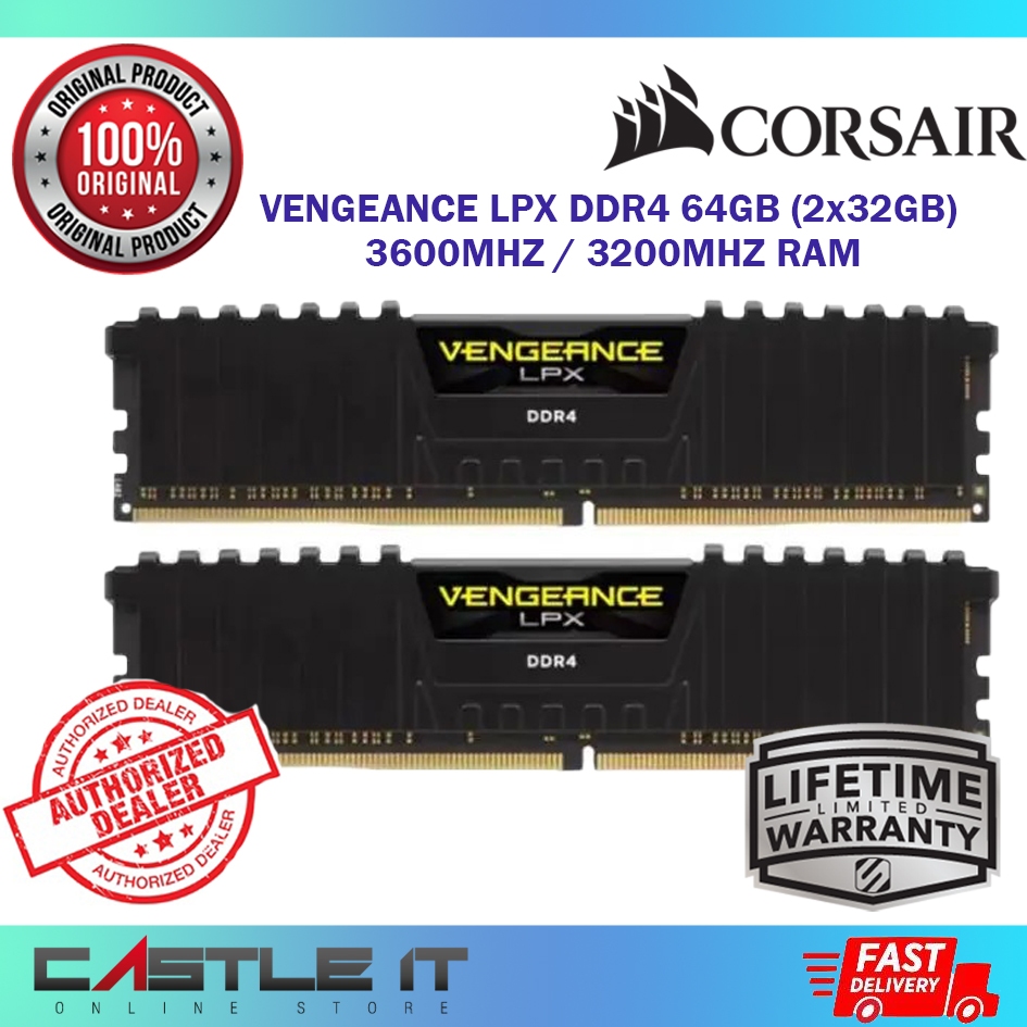 Corsair VENGEANCE LPX DDR4 64GB (2x32GB) 3600MHZ / 3200MHZ BLACK Kit Ram Memory Performance ...