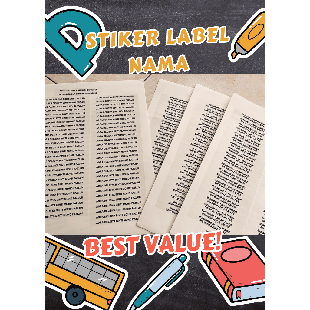 Sticker Label Nama Buku Waterproof boleh letak nama panjang Huruf Jelas ...