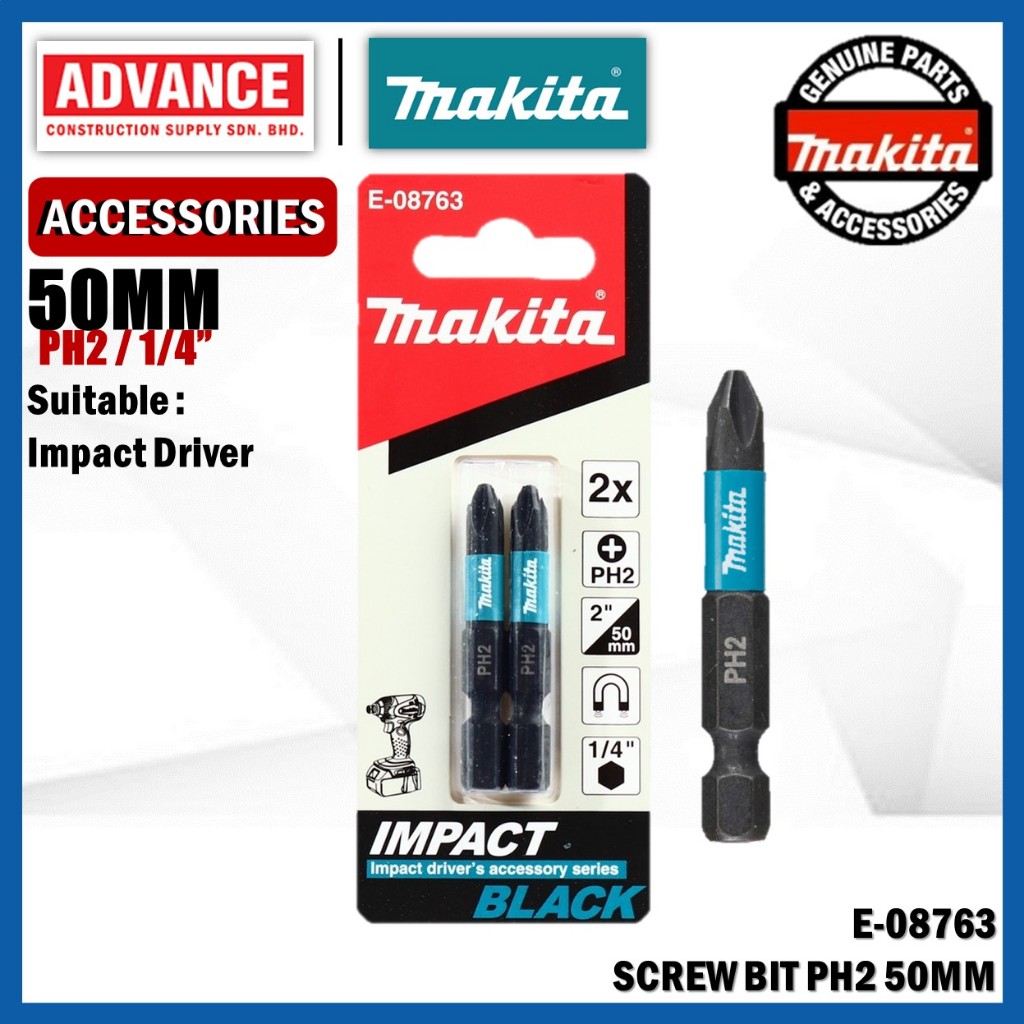 MAKITA E-08763 E-FORM IMPACT BLACK SCREW BIT PH2 X 50MM | 1/4" HEXAGON ...