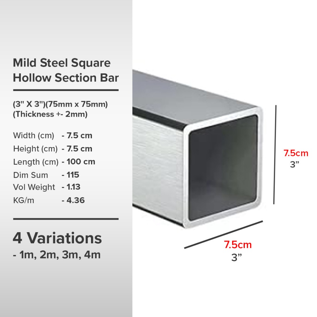 (3'' X 3'')(75mm x 75mm)(Thickness +- 2mm) Mild Steel Square Hollow ...