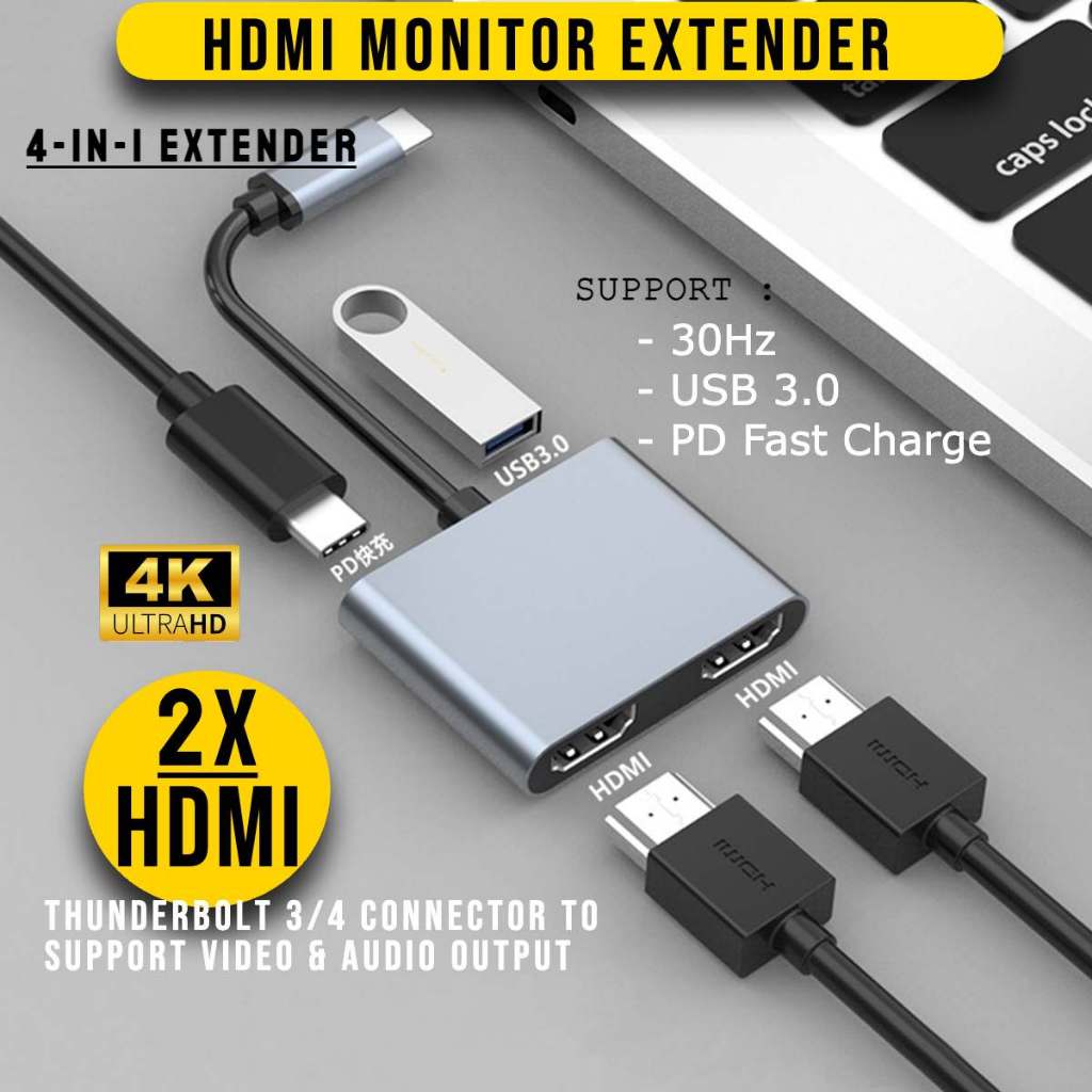 HDMI Extender Hub Splitter Dual Monitor VGA 2 IN 1 Switch USB Type C ...