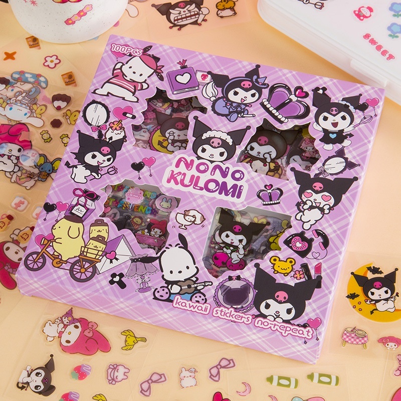 100 Sheets Sanrio Cute Stickers Transparent Cartoon Sticker Gift Box ...