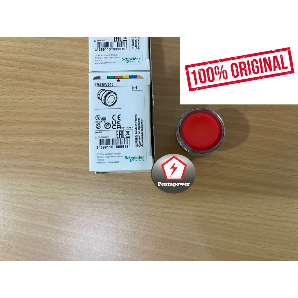 SCHNEIDER ZB4BW343 Head for illuminated push button, Harmony XB4, metal, red flush, 22mm ...