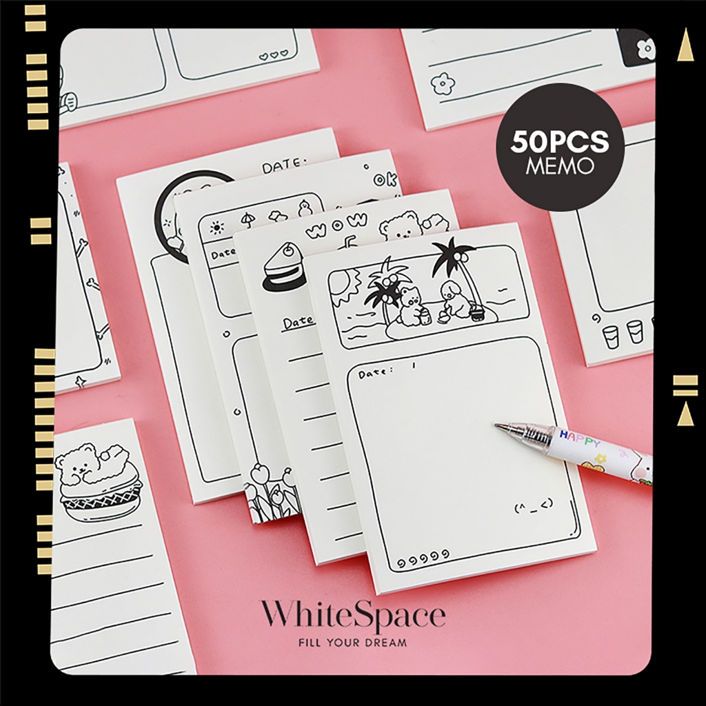 Whitespace 50pcs Minimalist Black & White Cartoon Memo Pad Non Stick ...