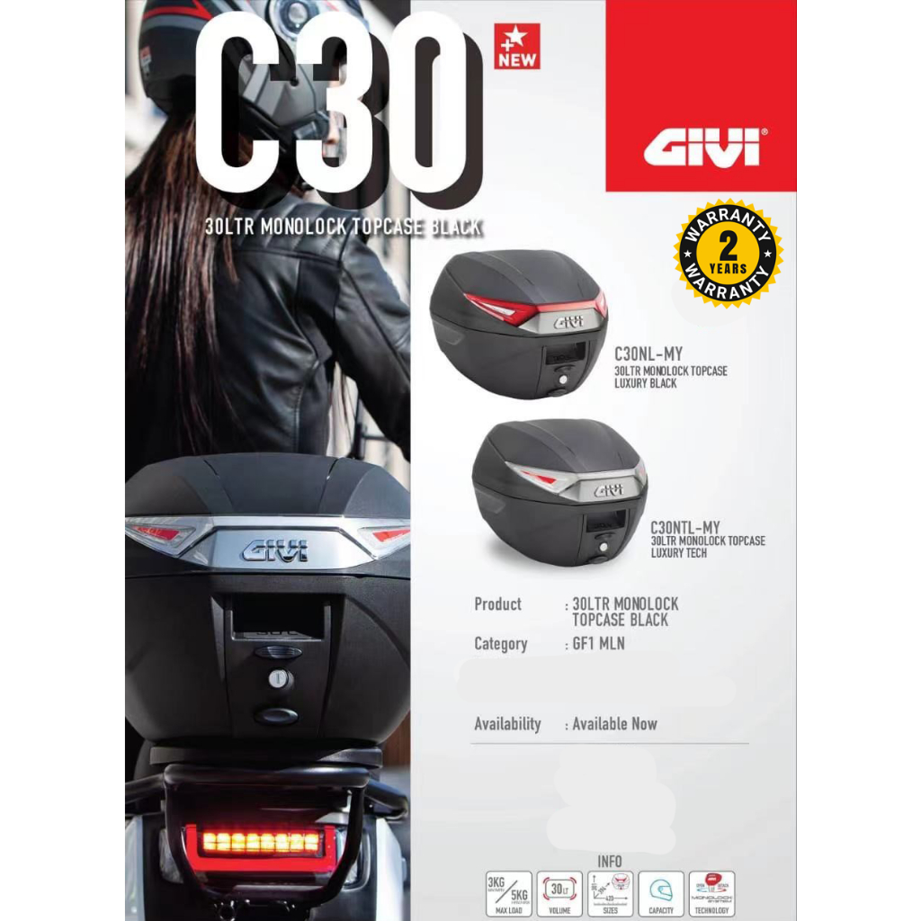 GIVI BOX 30LTR MONOLOCK TOP CASE C30NL C30NT 100% ORIGINAL FULL ...