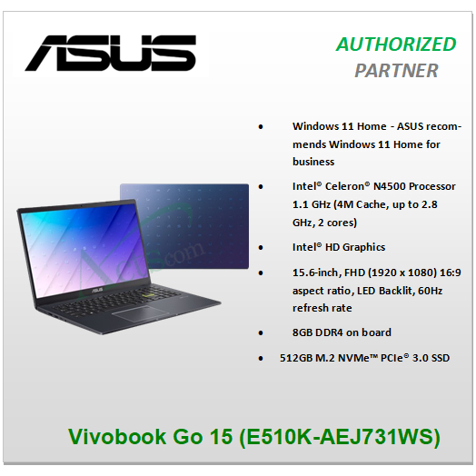 ASUS Vivobook Go 15 E510K-AEJ731WS -( Windows 11 Home, Intel® Celeron ...