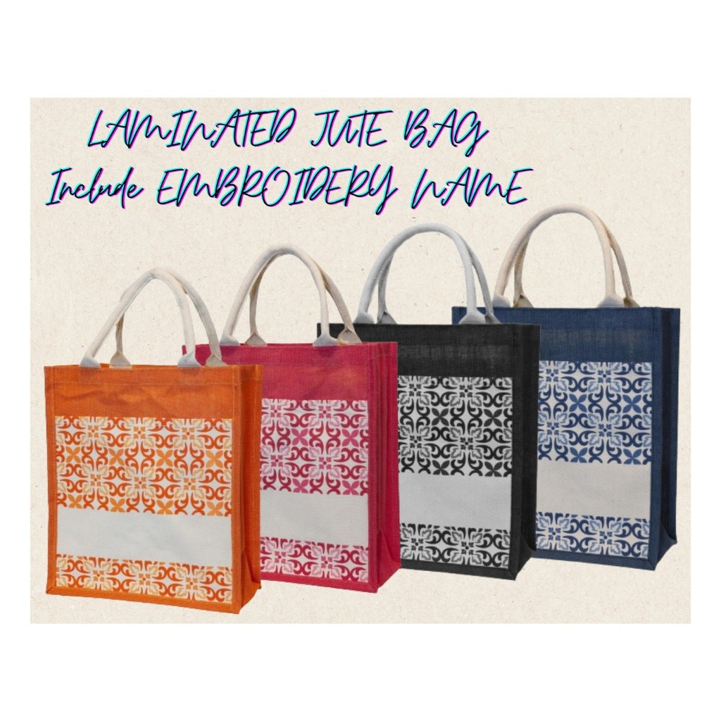 Patterned Jute Bag with Pocket + Personalized Customized Name ...