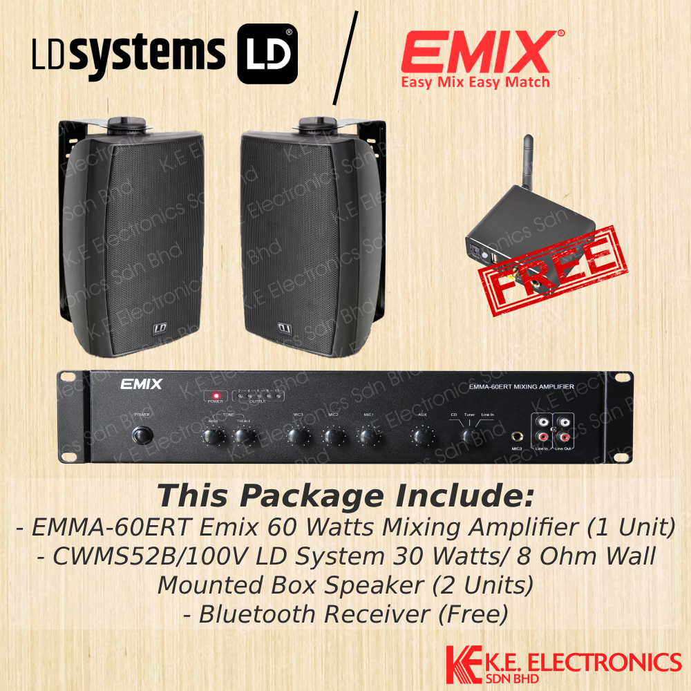 PA Package with EMIX 60 Watts Mixing Amplifier, 2x LD System 30 Watts Wall Mount Box Speaker & c ...