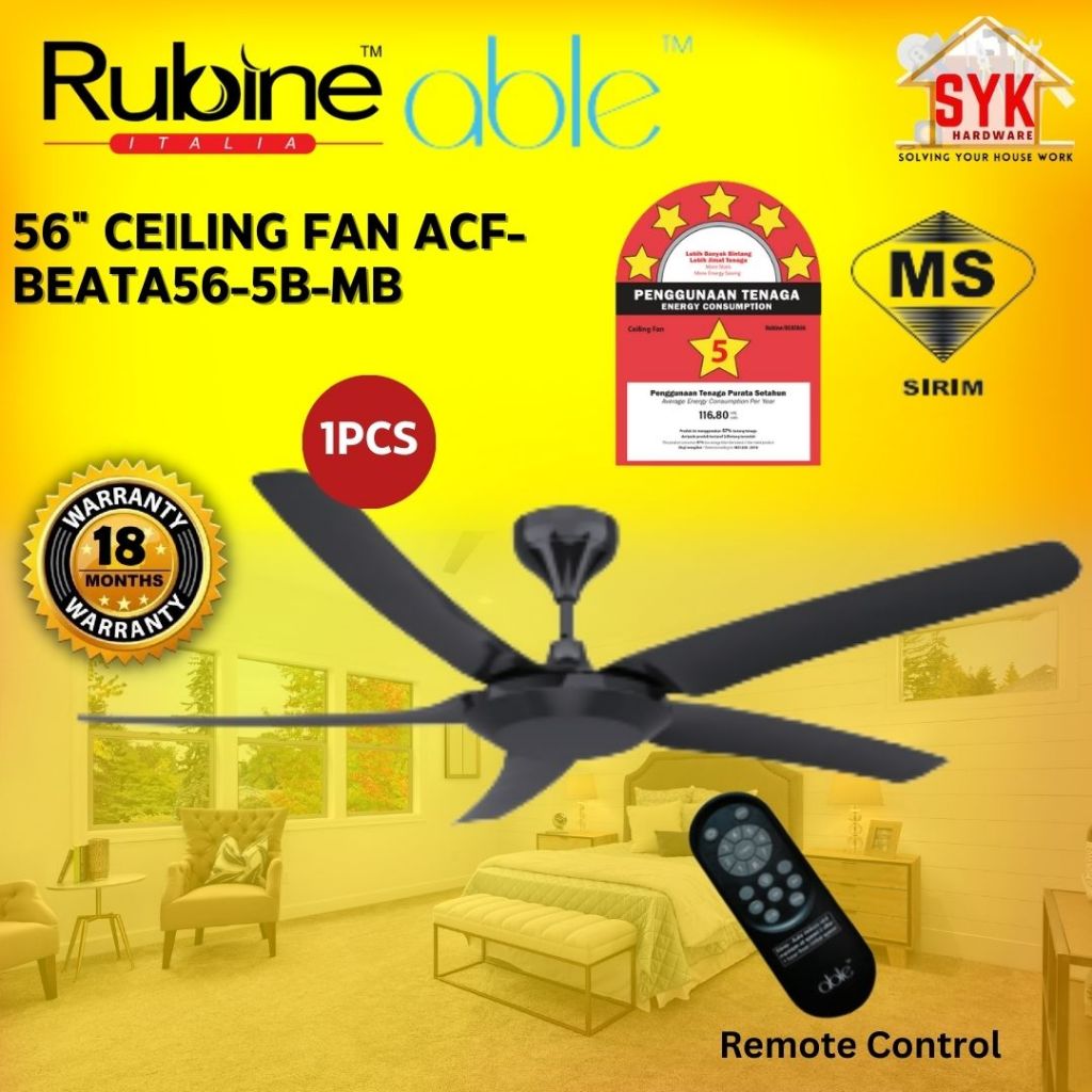 SYK Rubine Able ACF-BEATA56-5B-MB 56 Inch Ceiling Fan Black DC Motor 5 Blade Ceiling Fan ...