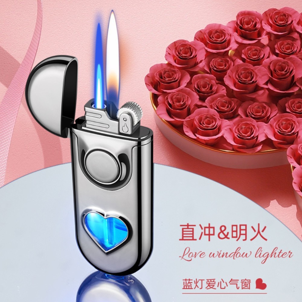 Blue LED Love Heart Window See thru Butane Gas Jet Soft Flame Lighter ...