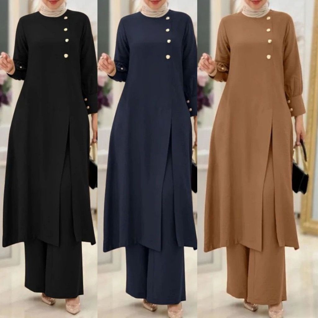 One Set Women Oufit Muslimah Front Buttons High Split Dress Wide Leg ...