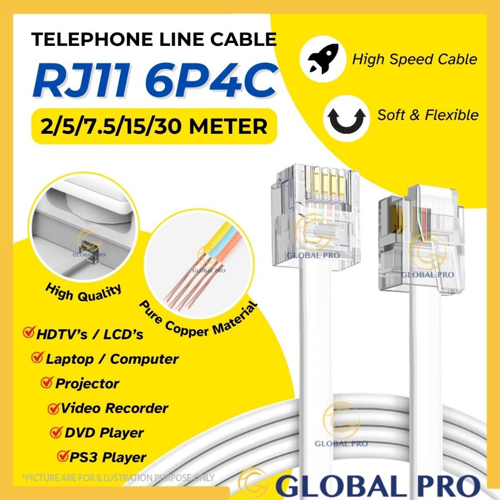 6P4C RJ11 TELEPHONE CABLE PIN TO PIN Line Extension Cord Cable Pure ...