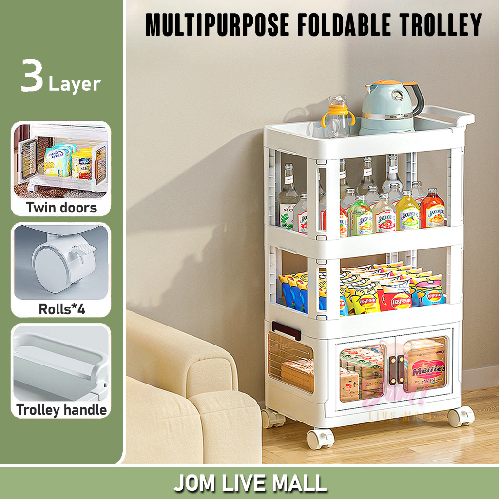 3 Layer Foldable Trolley Rack Storage Trolley Food Kitchen Trolley ...