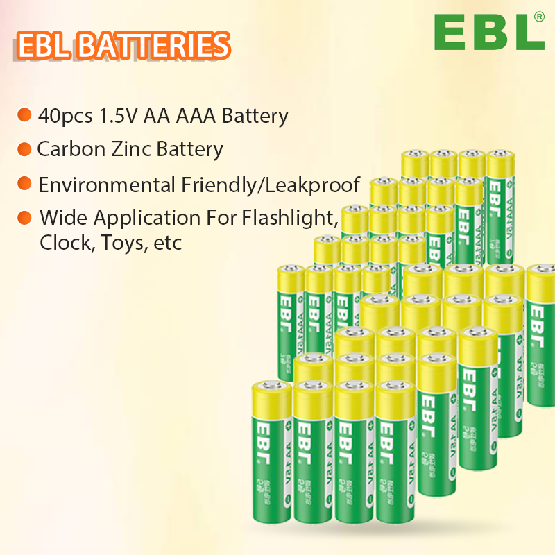 EBL 1.5V 40pcs AA/AAA Leakproof Carbon Zinc Batteries for Flashlight ...