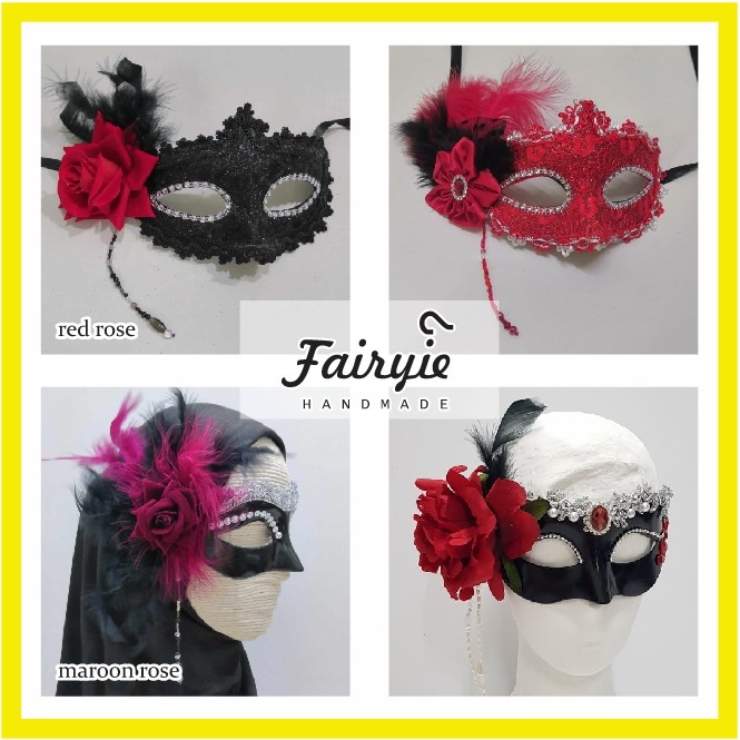 ⚡READY STOCK⚡ Red Maroon Rose Masquerade Mask Flower with bead chain ...