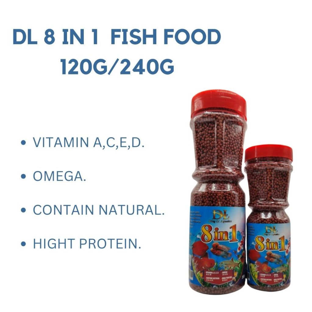 DL 8 IN 1 FISH FOOD 120G/240G (VITAMIN A,C,E,D. OMEGA. CONTAIN NATURAL ...