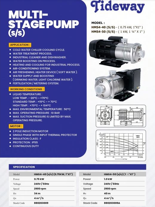 TIDEWAY MULTI-STAGE PUMP HMS4-50 (S/S) (1KW, 1 1/4" X 1") | Shopee Malaysia