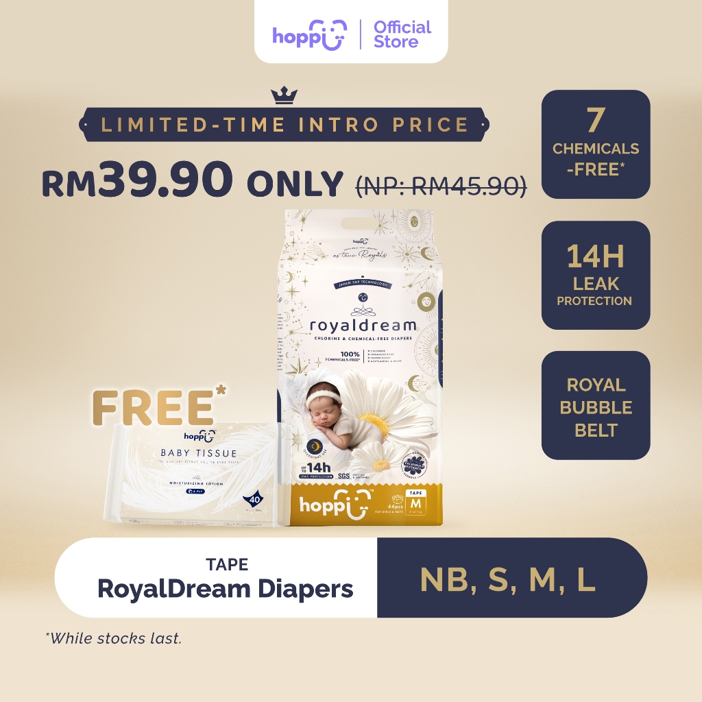Hoppi RoyalDream Baby Diaper Tape NB66/S56/M44/L40 (1 Pack) 100% 7 Chemicals-Free* | Shopee Malaysia