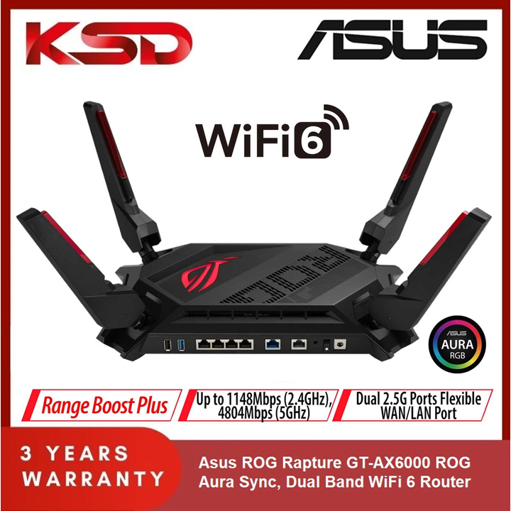 Asus ROG Rapture GT-AX6000 Dual Band WiFi 6 2.5 Ports 2.0 GHz Quad Core ...