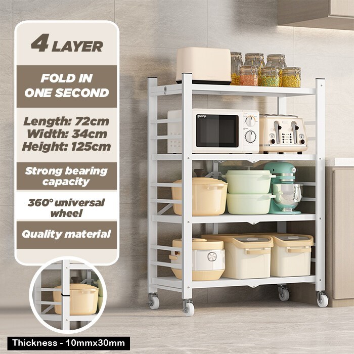3 / 4 / 5 Tier Foldable Kitchen Rack Shelves with Wheels Moveable ...