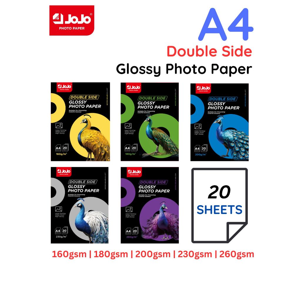 [ DOUBLE SIDED ] A4 JOJO WATER RESISTANT GLOSSY PHOTO PAPER 20'S(160gsm-260gsm) | INKJET PRINTER ...