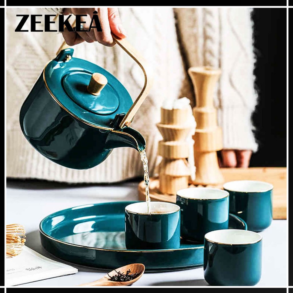 Zeekea Tea Service Set Ceramic Large Tea Pot 4-Piece Tea Cups with Tray ...