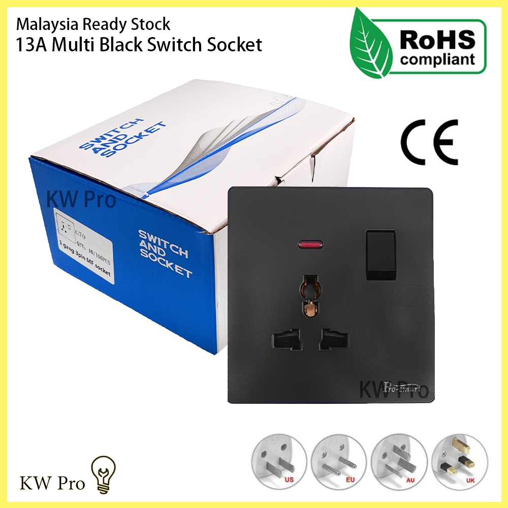 1 PCS 13A Universal Black Color Switch Socket Multi Wall Switch Socket ...