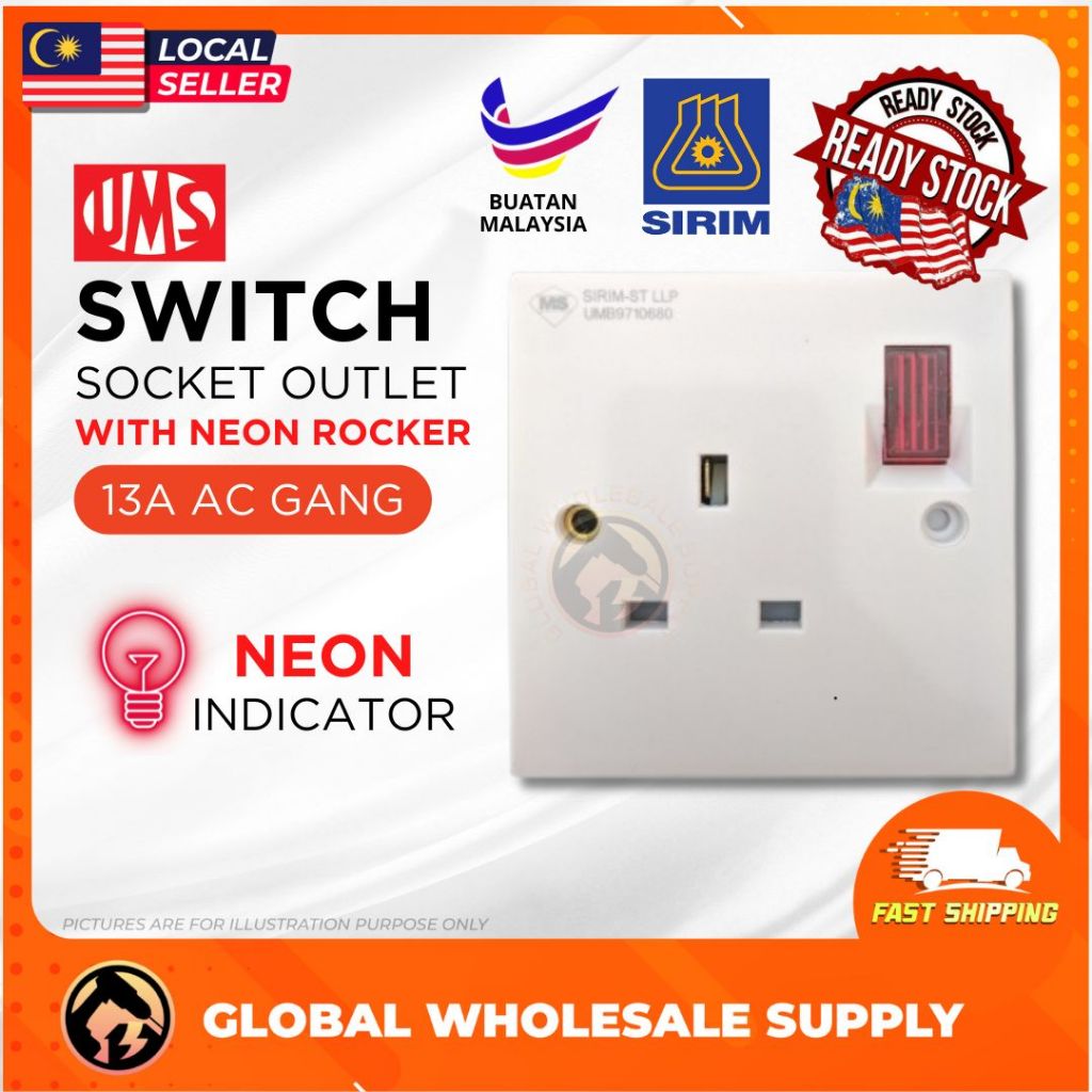 UMS 13A AC GANG SWITCH SOCKET OUTLET With Neon Rocker Electrical ...