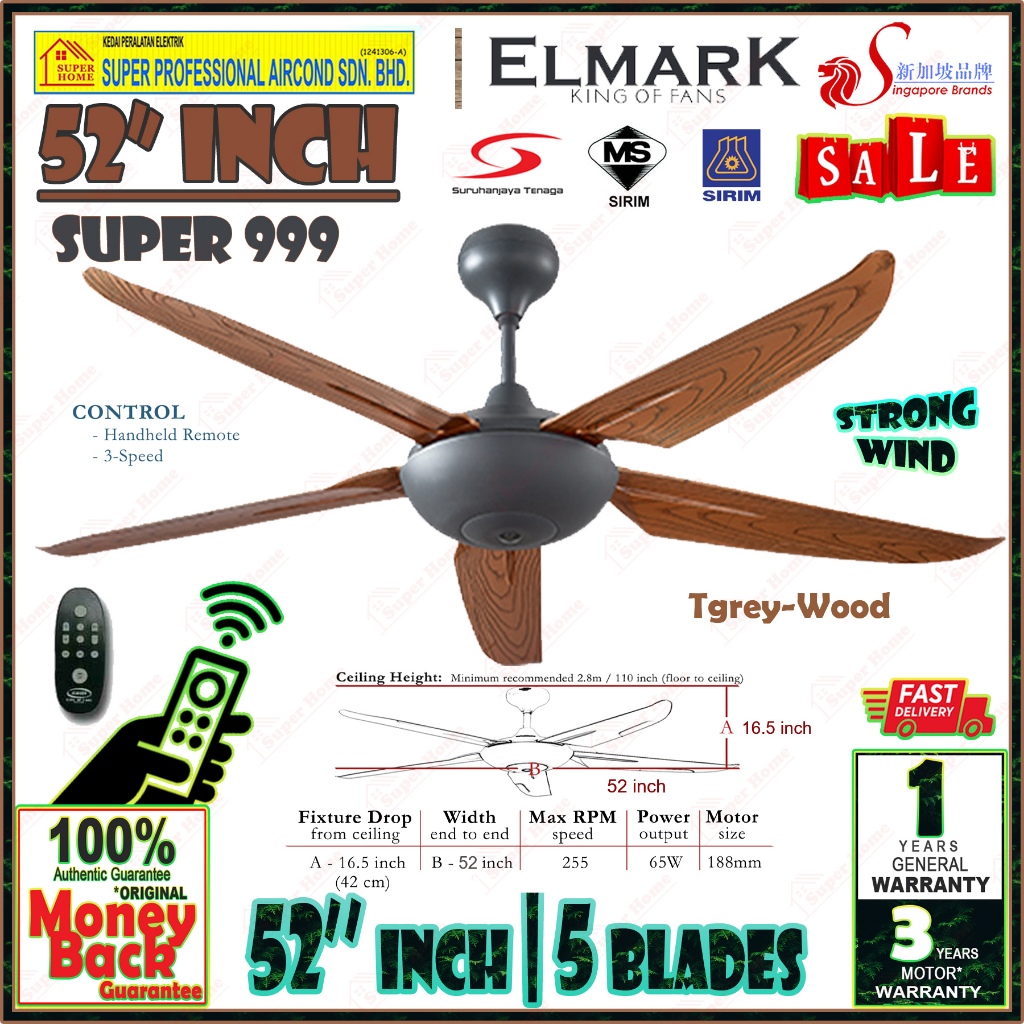 Elmark Ceiling Fan Super999 52 inches Remote Control 5 Blade Ceiling ...