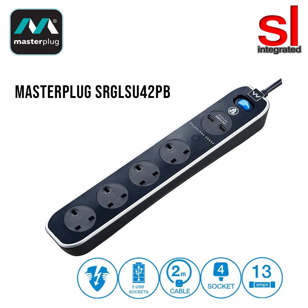 Masterplug Surge Protector 4 Gang 2 USB (3.1A) 2 Meter Extension Leads ...