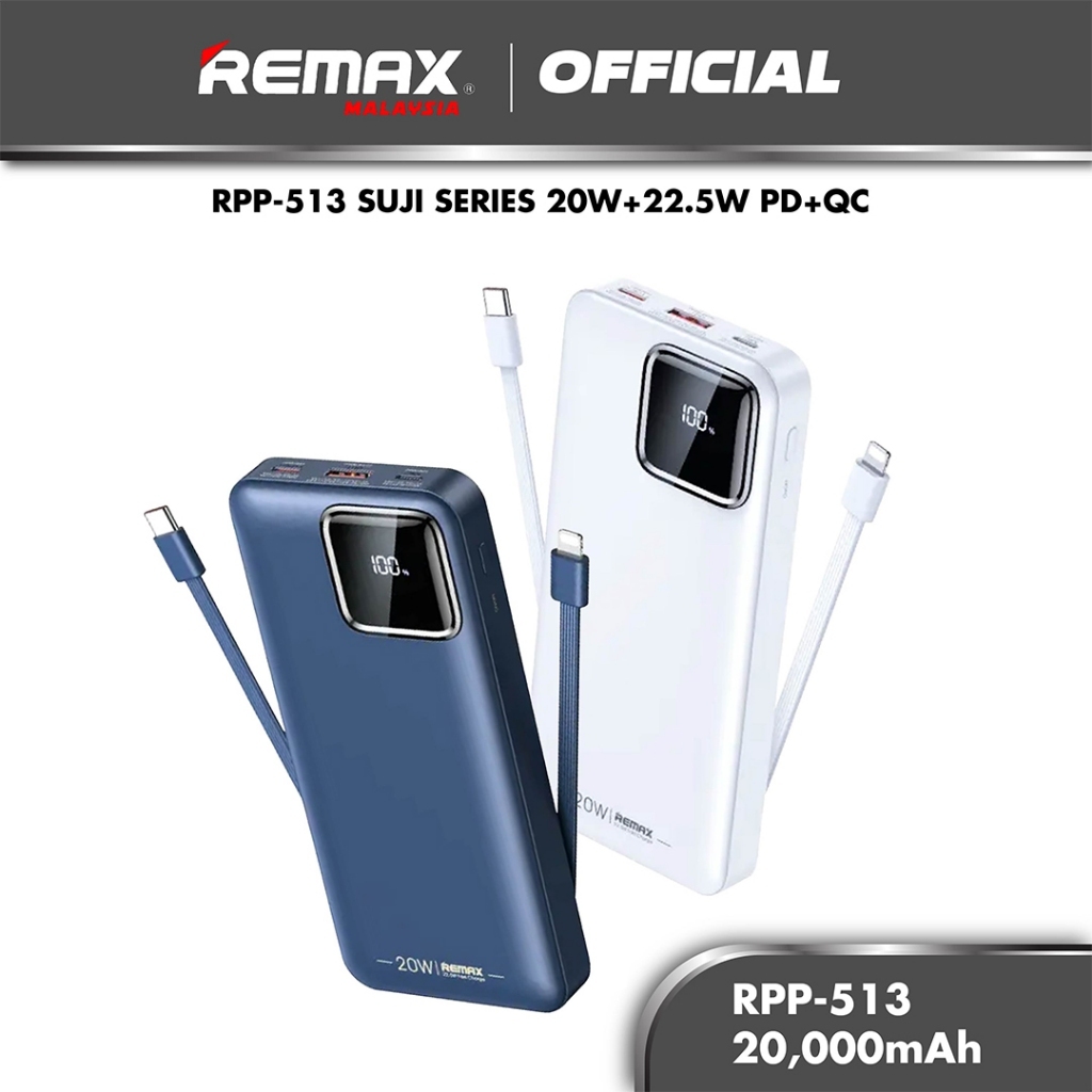 REMAX RPP-513 Suji Series 20W+22.5W PD+QC Fast Charging Cabled Power Bank 20000mAh | Shopee Malaysia
