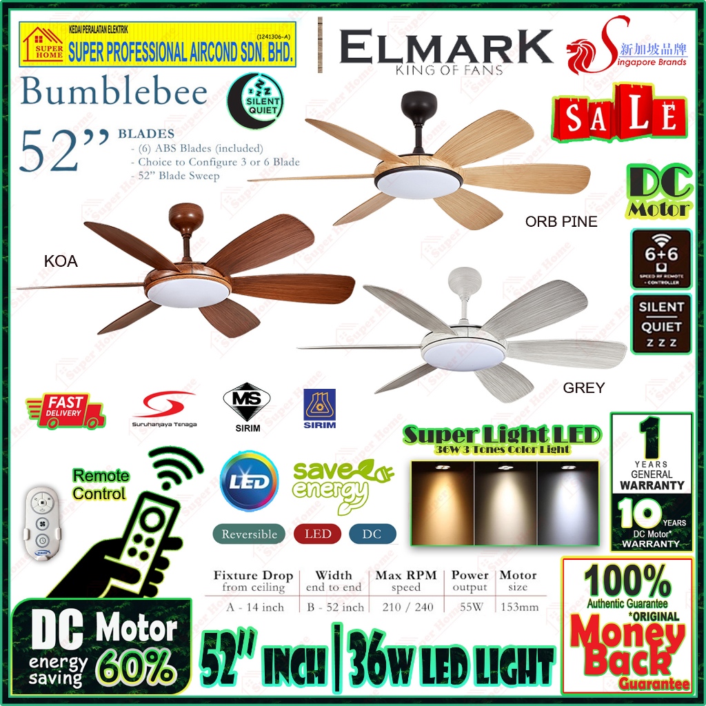 Elmark Ceiling Fan Bumblebee 52 inch Remote Control (6 Blades) DC Motor ...