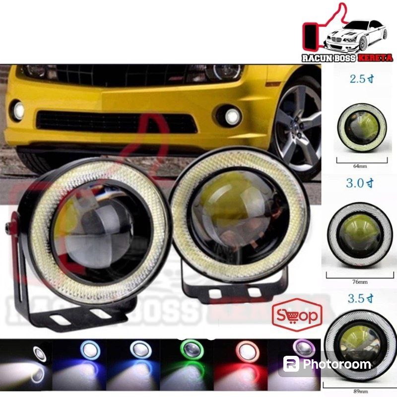 🔥READY STOCK🔥 (2PCS) 3200LM Car COB LED Angel Eyes Fog Light WITH Ring Lens Projector R500 Sport ...