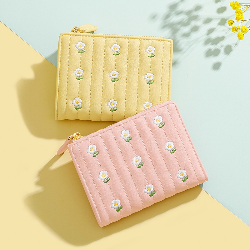 Short women's purse embroidery wallet cute coin card holder dompet ...