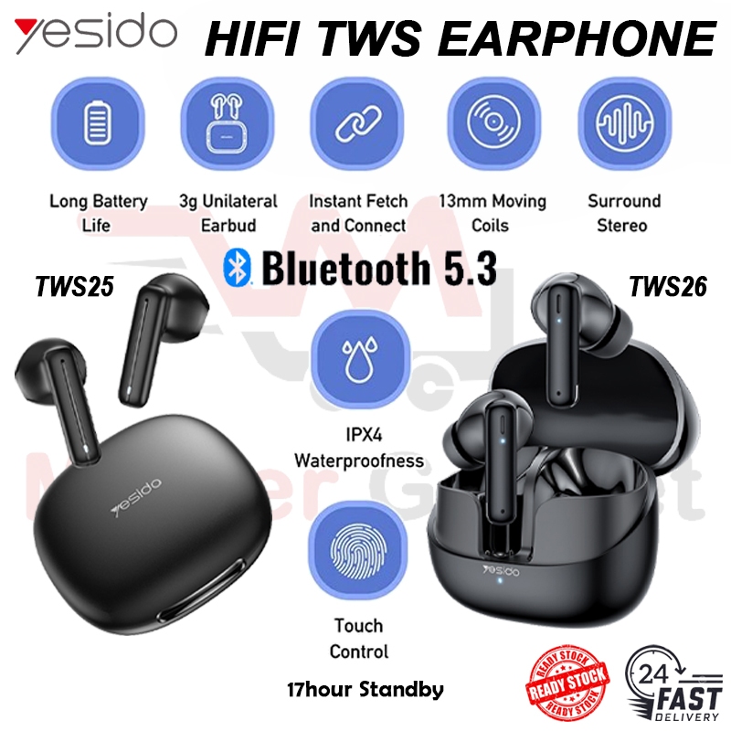 Yesido TWS26 TWS25 TWS Wireless Bluetooth Earphone with HiFi 13mm Deep Bass 5.3 Bluetooth Long ...