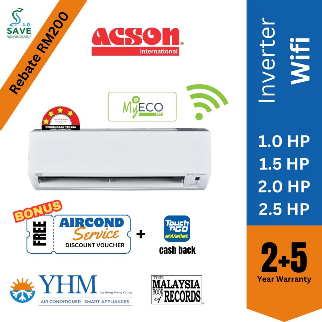 ACSON wifi aircond inverter 1hp 1.5hp 2hp 2.5hp R32 gas air cond | Shopee Malaysia