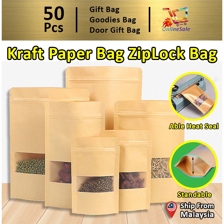 50pc Kraft Paper Zip lock Bag Mate Zipper Resealable Food Packing ...