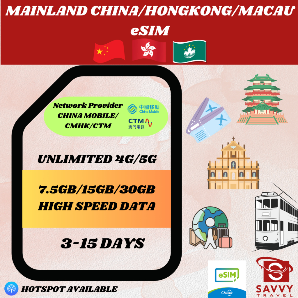 【ORDER VIA WA】【eSIM - MAINLAND CHINA + HONG KONG + MACAU】TRAVEL PREPAID eSIM UNLIMITED DATA ...