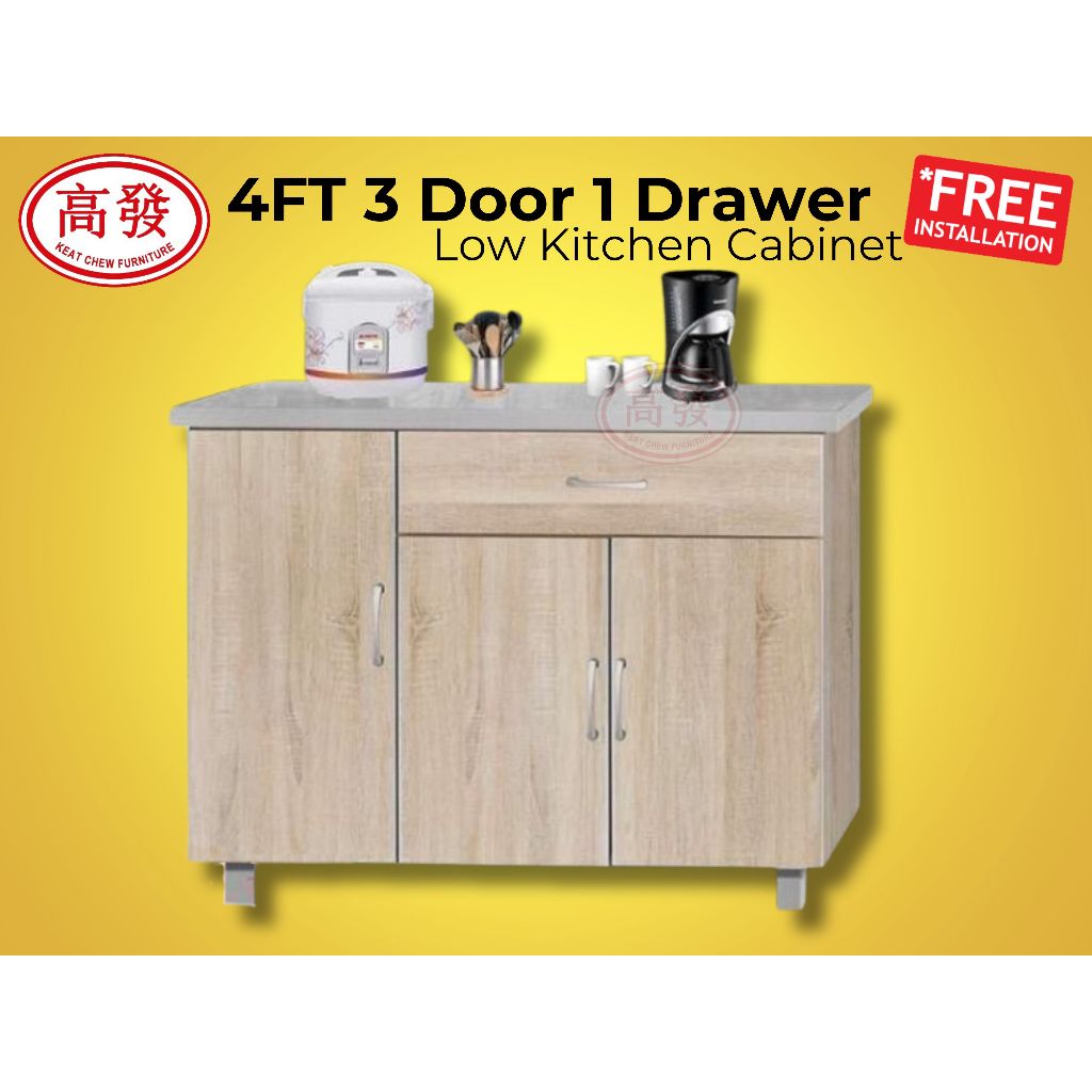 4FT Kitchen Cabinet 3 Door 1 Drawe Dining Low Cabinet Almari Dapur Tile Top - Natural Cream ...