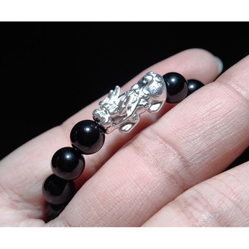 Pure 999 Sliver Pixiu Charm with Rainbow Obsidian Bracelet 彩曜石999足银貔貅 ...